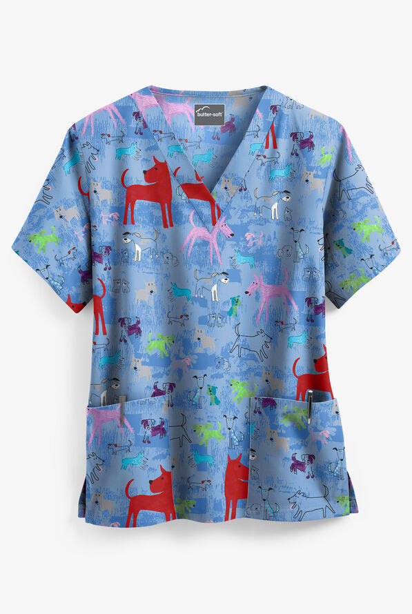 Butter-Soft Watercolor Pups Ceil V-Neck Print Scrub Top, Animal Scrubs