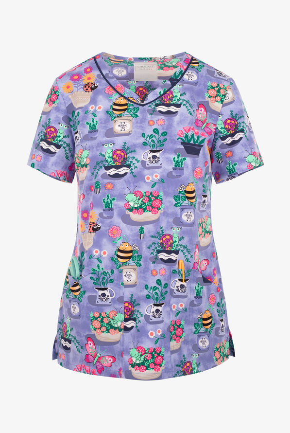 Cherokee Blooming Bugs Women's 3-Pocket STRETCH V-Neck Print Scrub Top ...