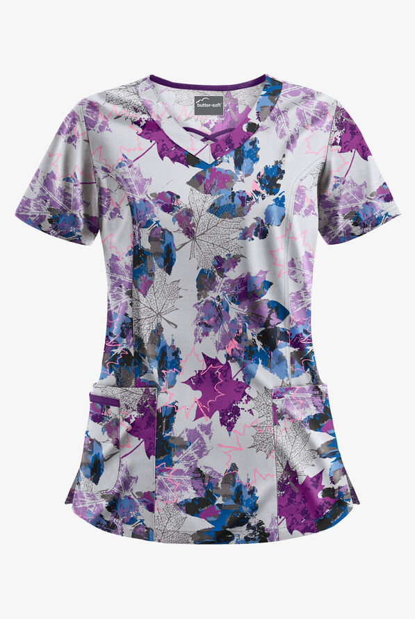 Butter-Soft Autumn Park Silver Women's 3-Pocket Criss Cross Print Scrub ...