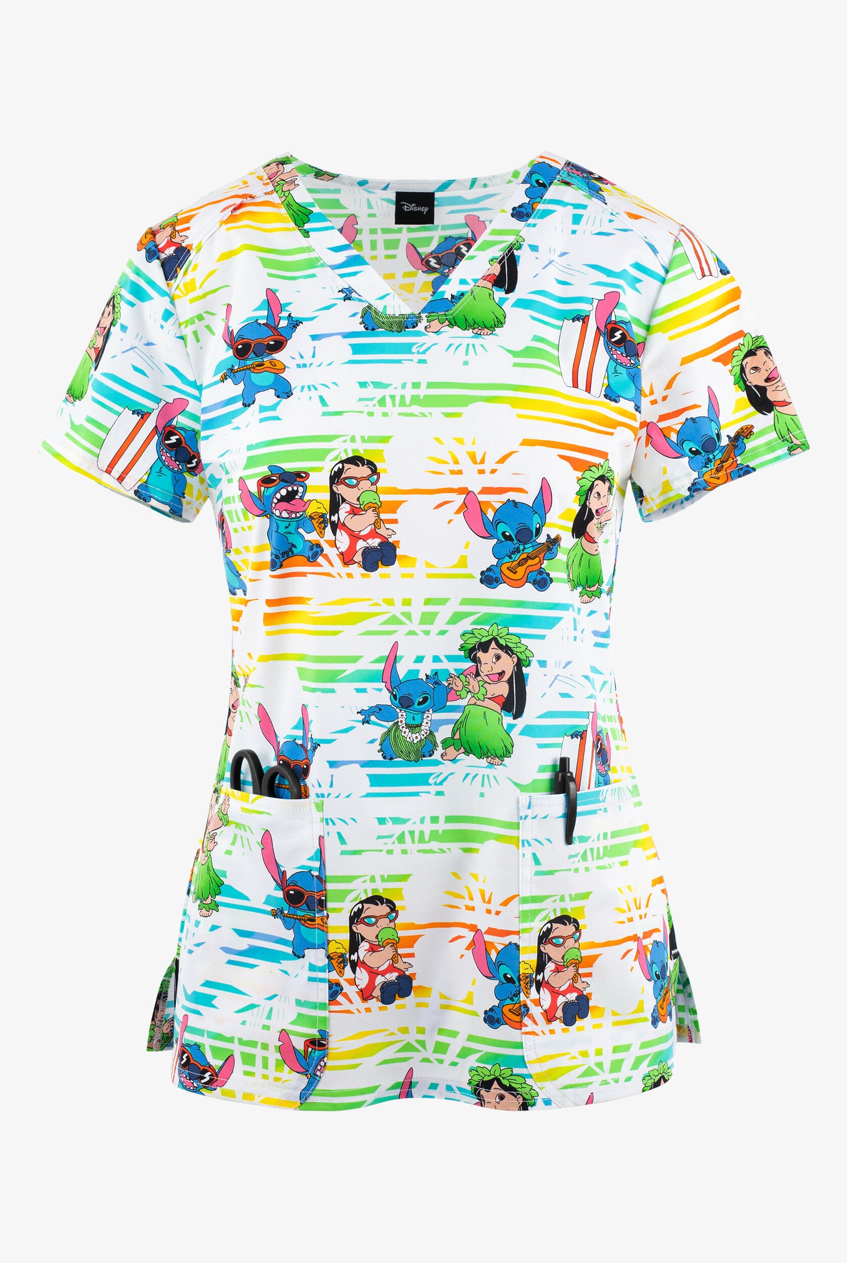 Cherokee Tooniforms Stitch Luau V-Neck Print Scrub Top, Print Scrubs