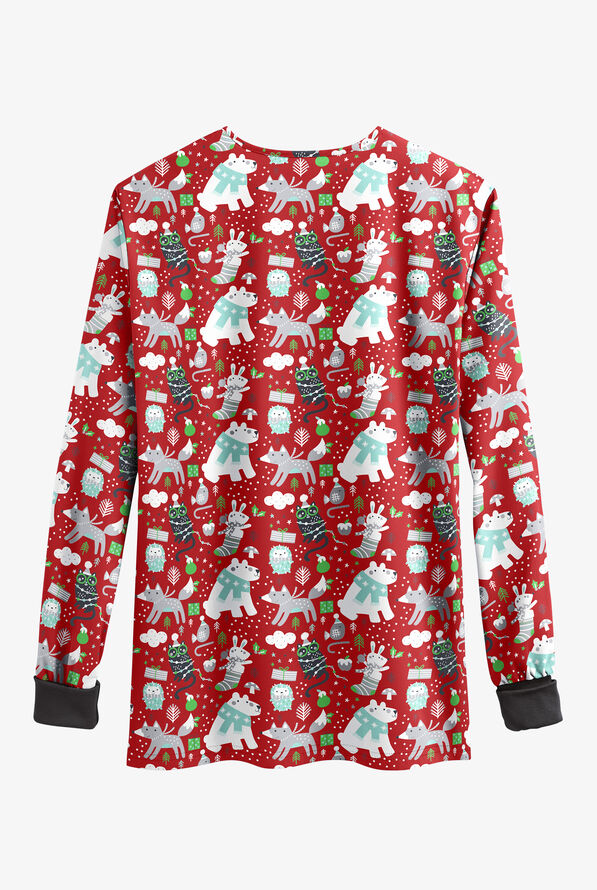 Butter-Soft Winter Pals Red Warm Up Print Scrub Jacket, Holiday Scrubs
