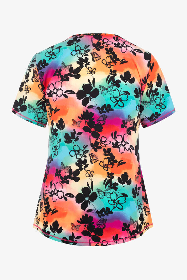 Cherokee Garden Rainbow Floral Women's 2-Pocket STRETCH V-Neck Print ...