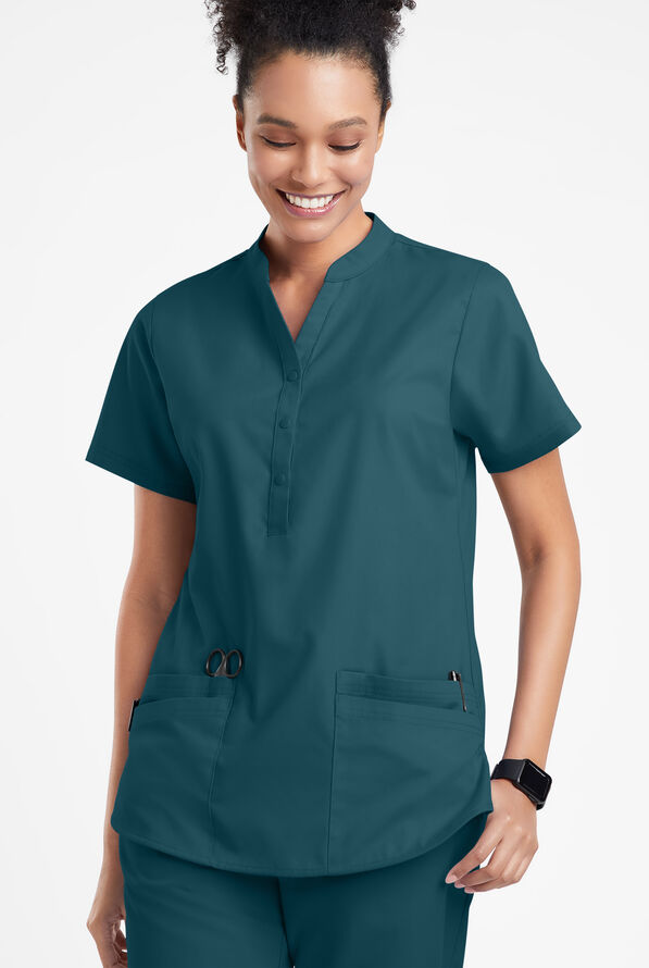 Strictly Scrubs Women's 6-Pocket Mandarin Collar Scrub Top, Cotton Scrubs