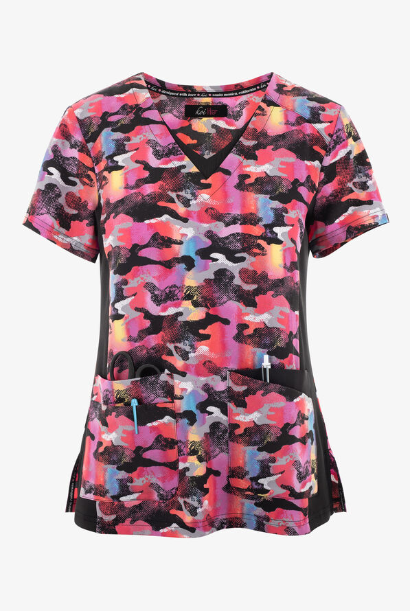 koi Lite Colorful Camo Women's Print Scrub Top, Print Scrubs