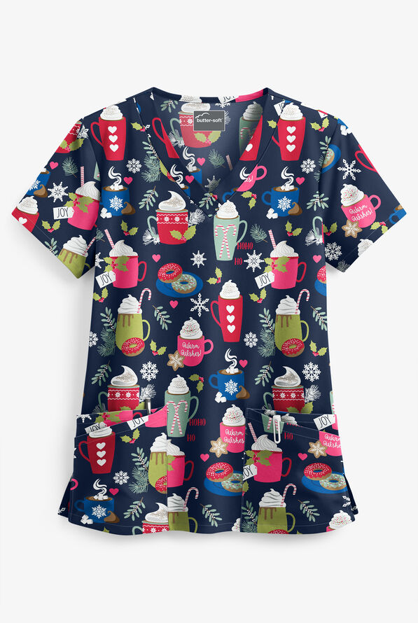 Butter-Soft Holiday Coco Navy V-Neck Print Scrub Top, Christmas Scrubs