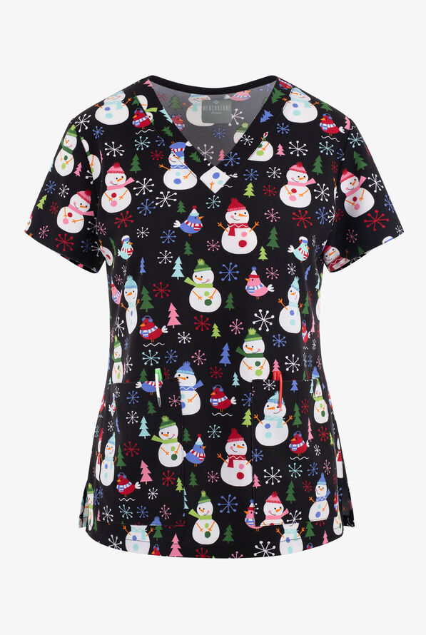 Med Couture Snowflake Snowman Holiday Women's 2-Pocket STRETCH V-Neck ...