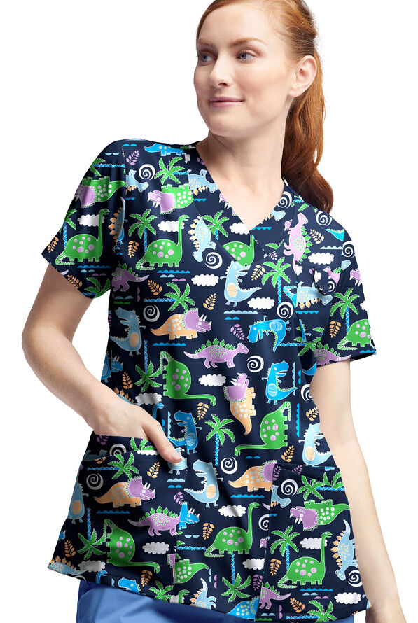 UA Happy Scrubs STRETCH Stompin' Dino Turquoise Women's 5-Pocket V-Neck ...
