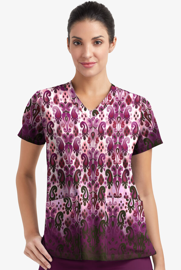 Easy STRETCH Gradient Ikat Eggplant Women's 2-Pocket V-Neck Print Scrub ...
