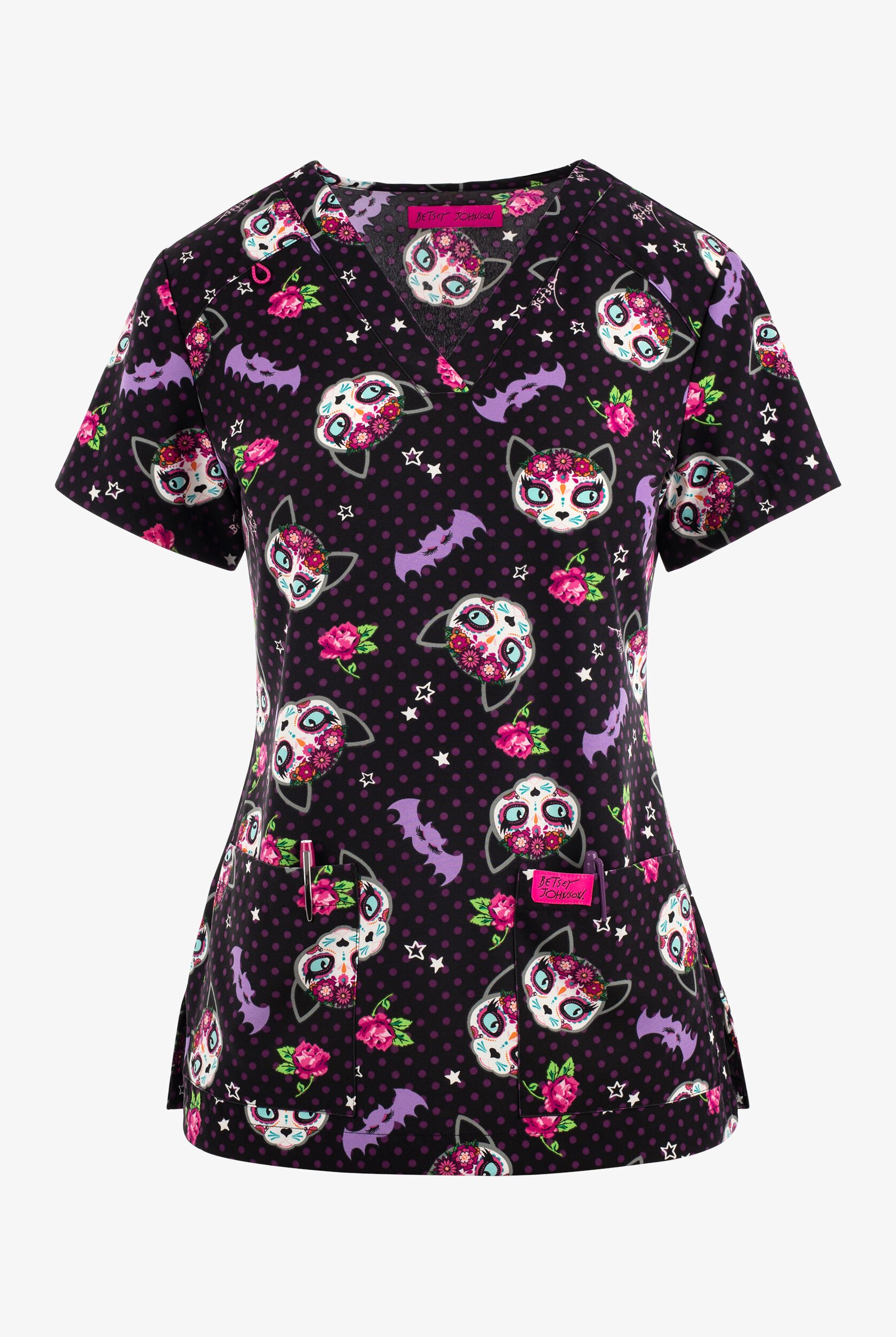 Betsey Johnson Frightful Kitties Halloween Women's 2-Pocket STRETCH V-Neck Print Scrub Top ...