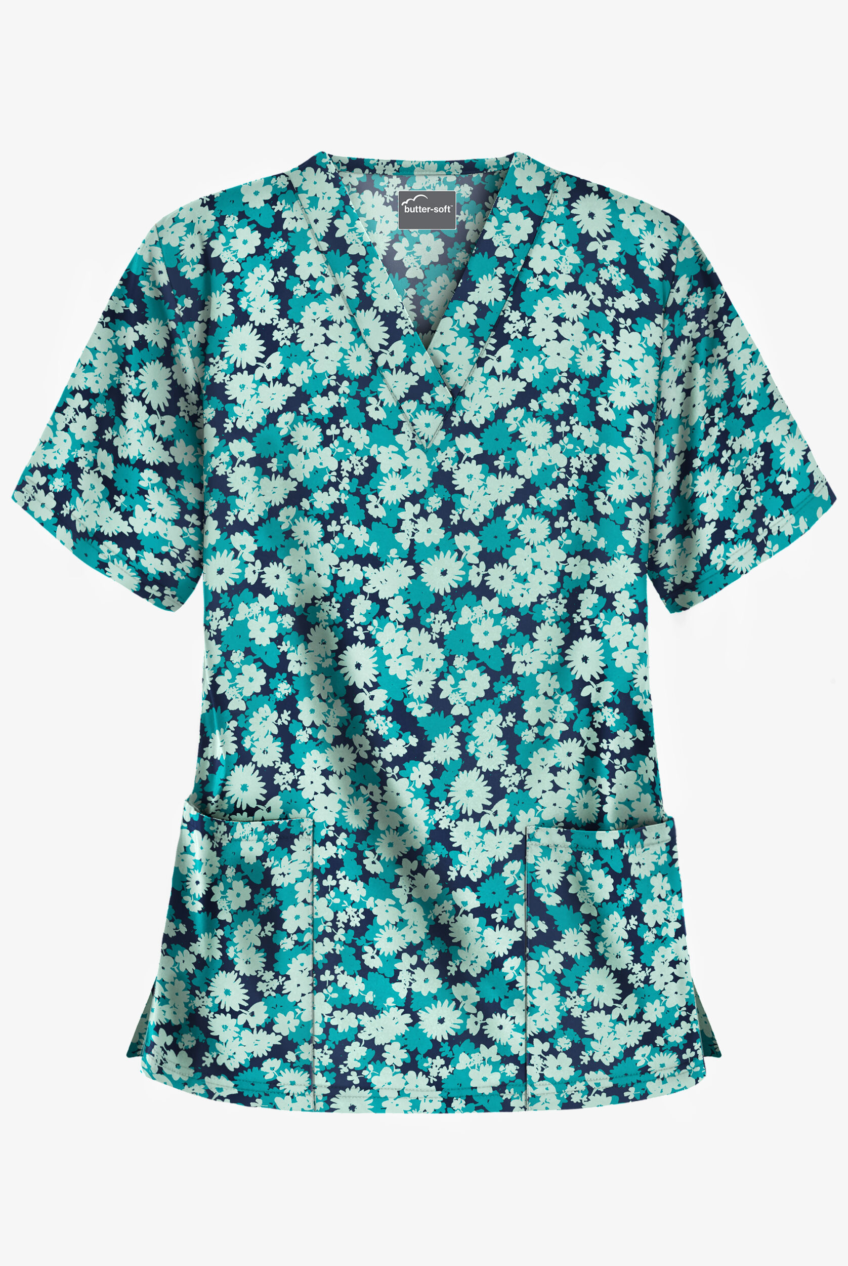 Butter-Soft Provence Floral Navy 2-Pocket V-Neck Top, Floral Scrubs