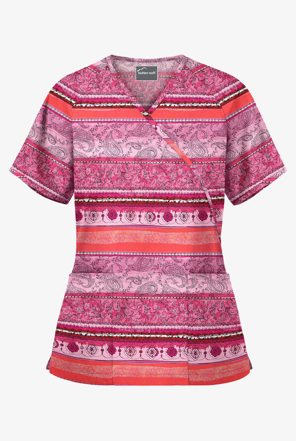 UA Butter-Soft Delhi Stripe Red Women's 2-Pocket Mock Wrap Print Scrub ...