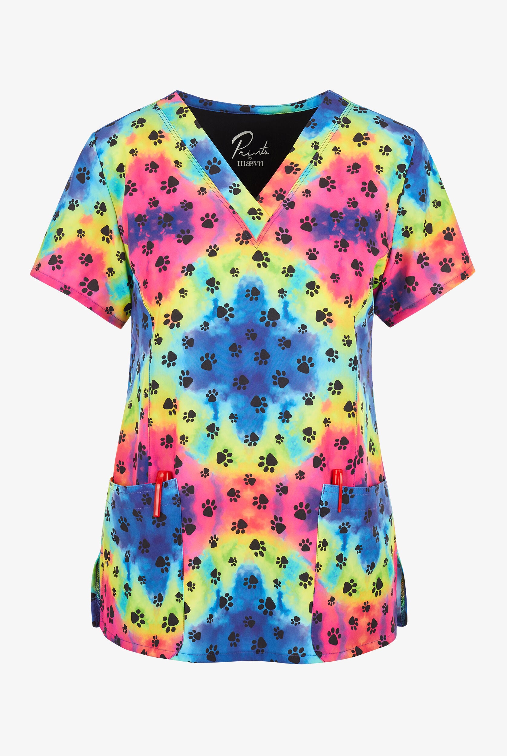 Maevn Happy Paws Women's 3-Pocket STRETCH V-Neck Print Scrub Top, Tie ...