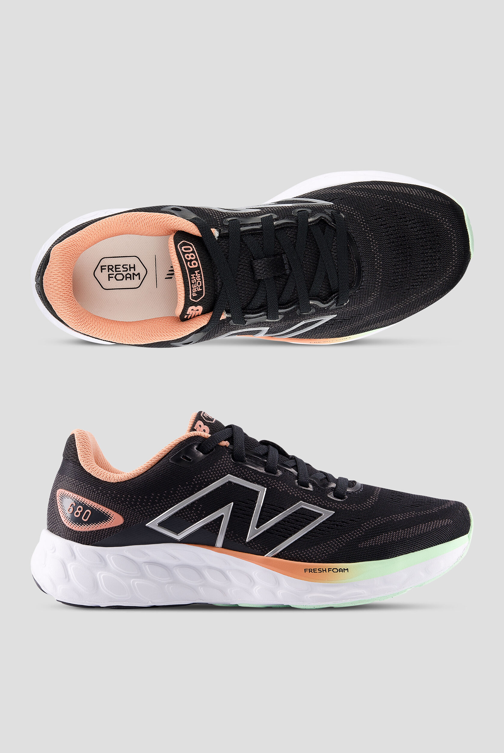 New Balance Women's Fresh Foam 680 Black/Peach Nectar Athletic Lace Up ...