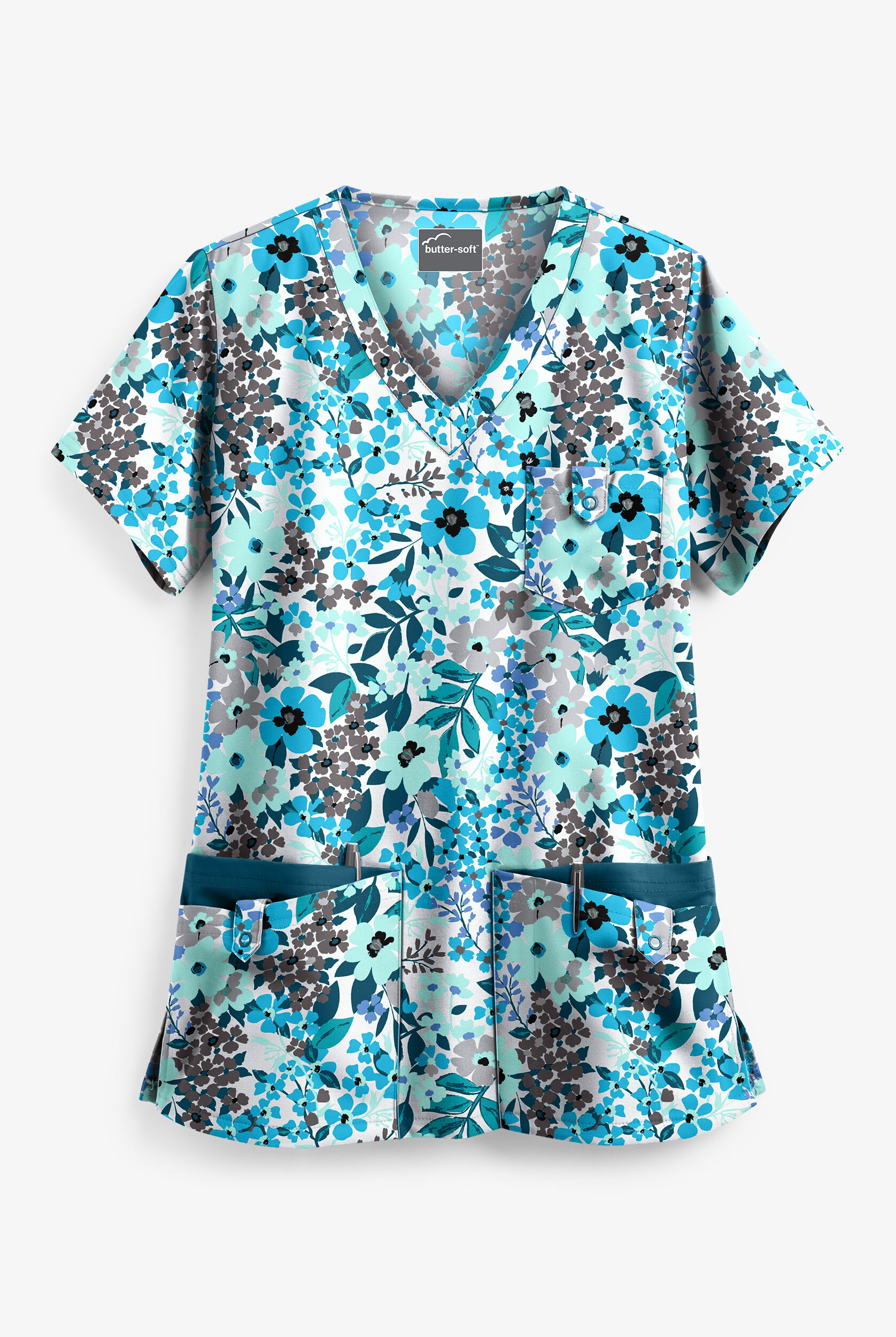 Butter-Soft Blooming Flowers White Rounded Scrub Top, Floral Scrubs