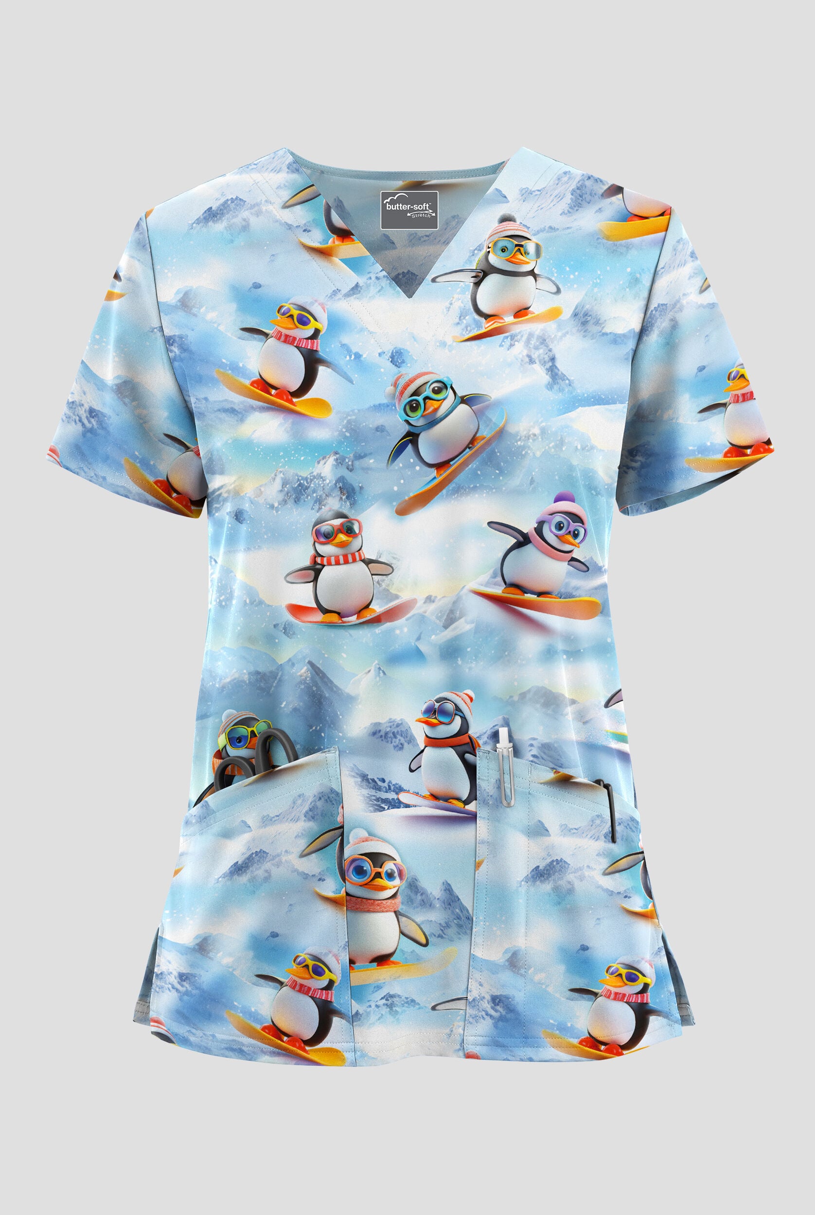 Butter-soft STRETCH Penguin Slopes Women's 2-Pocket V-Neck Print Scrub ...
