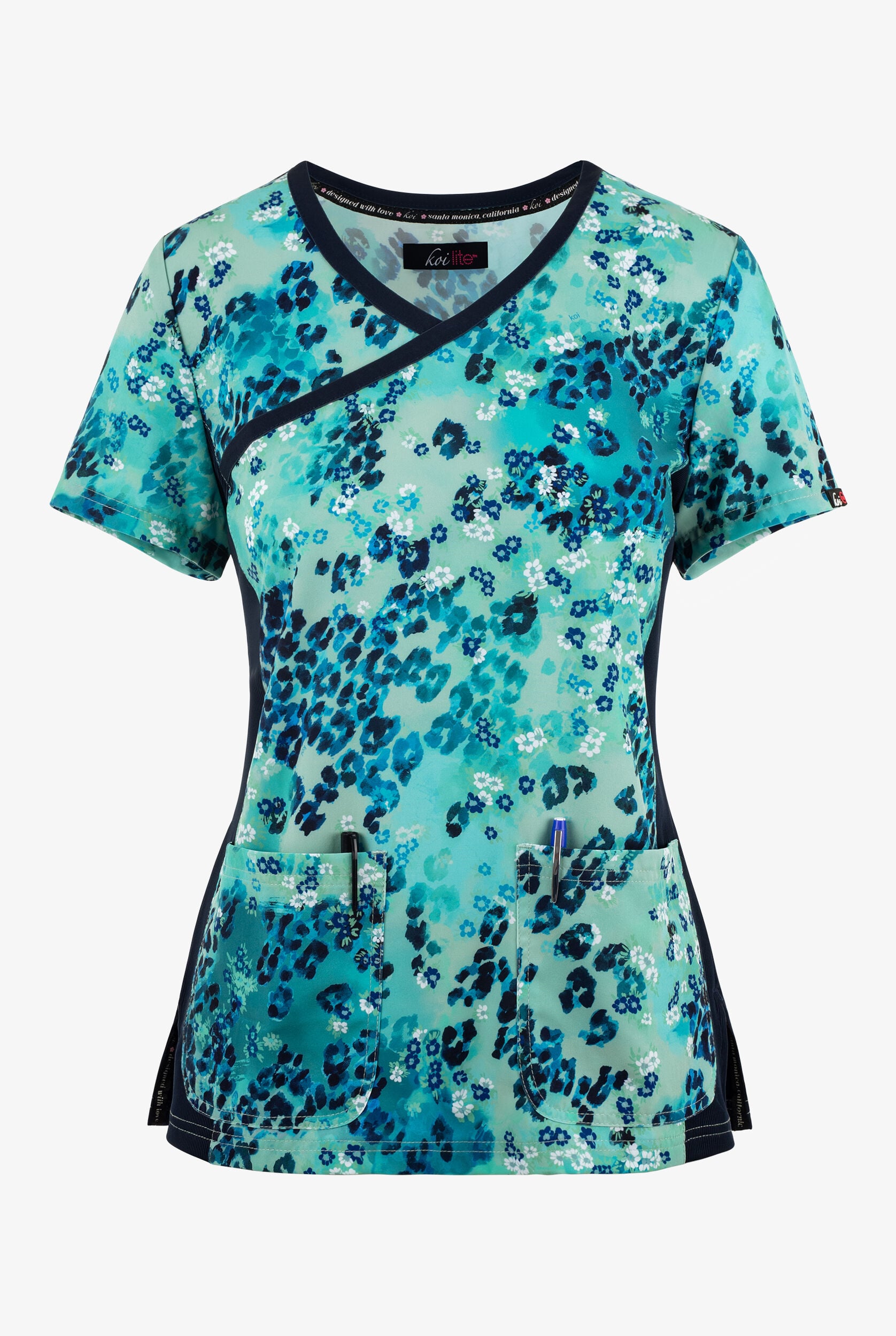 koi Lite Animal Floral Women's 2-Pocket STRETCH Mock-Wrap Print Scrub ...