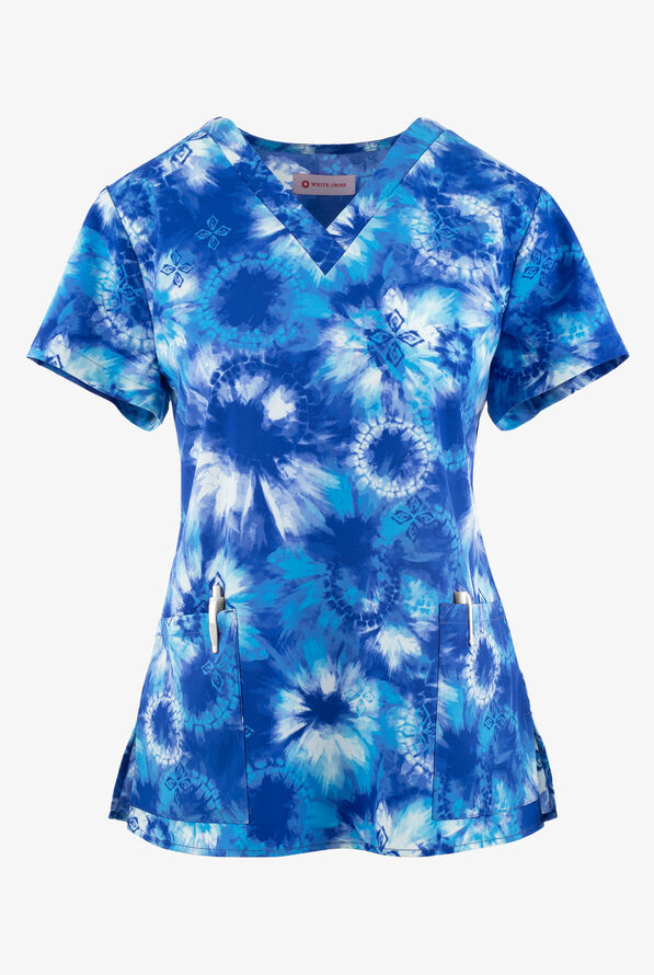 White Cross Batik Tie Dye Women's V-Neck Print Scrub Top, Print Scrubs