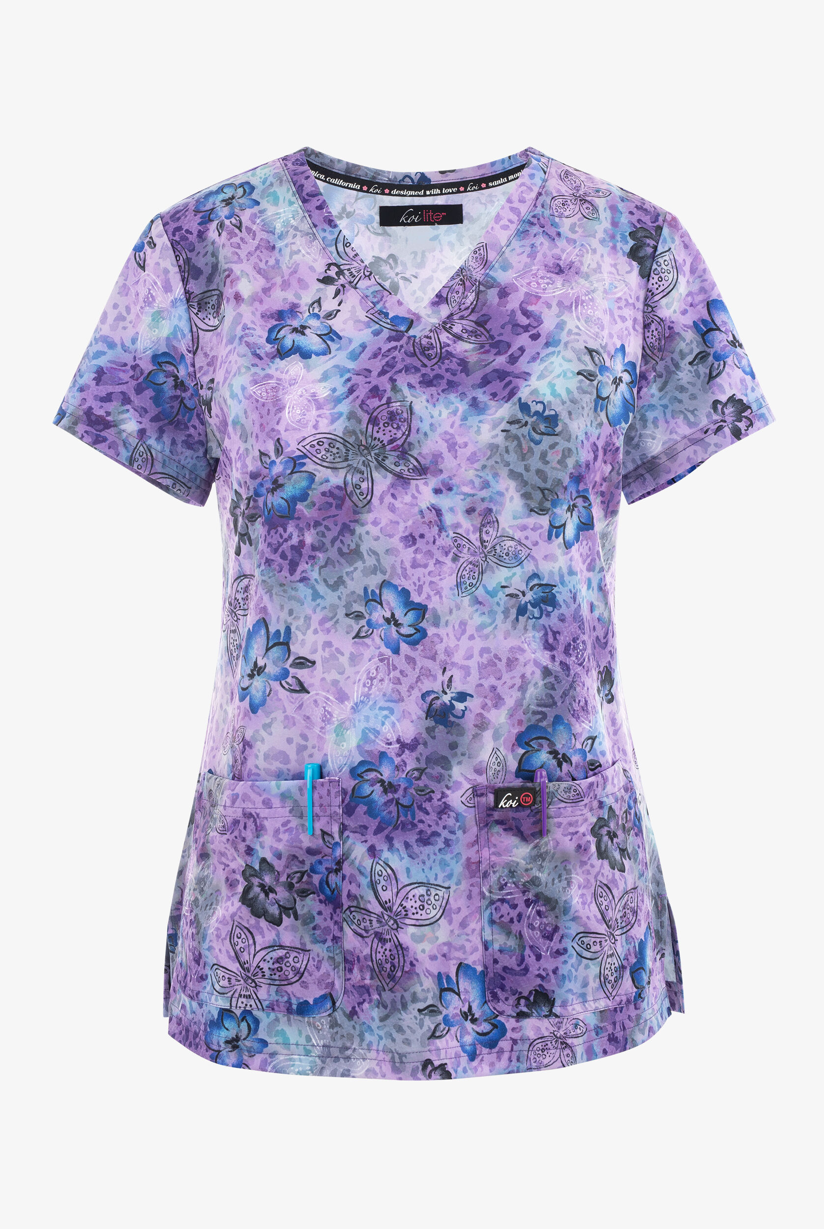 koi Lite Electric Animal Butterflies Women's 2-Pocket STRETCH V-Neck ...