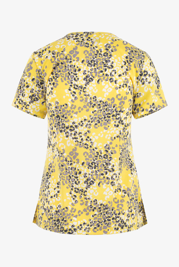 koi Basics Leopard Spots Sunshine Women's 2-Pocket STRETCH V-Neck Print ...