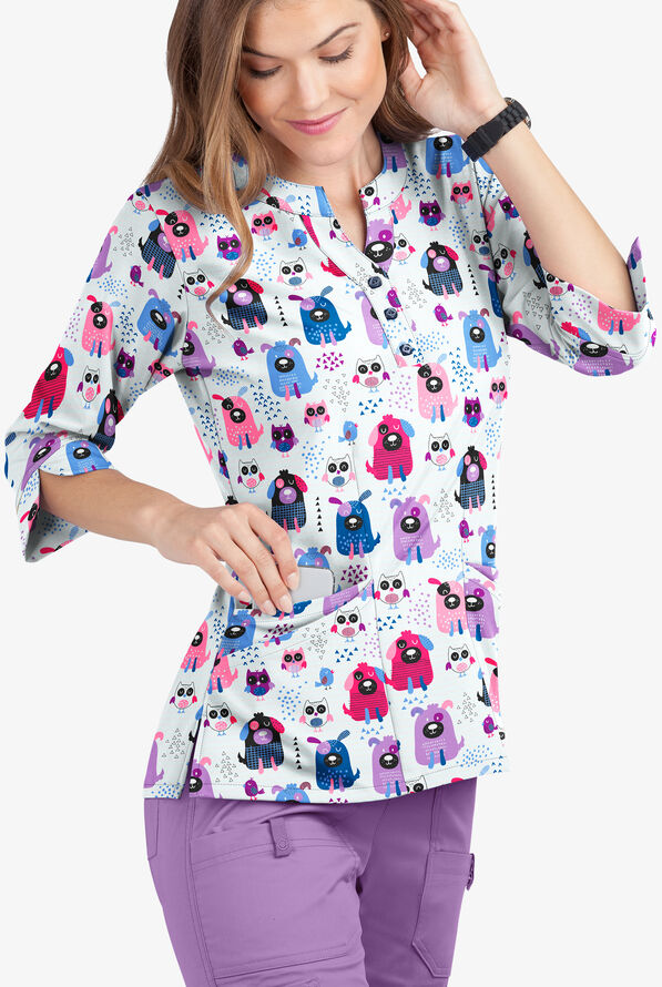 Butter-Soft Yard Friends White Printed 3/4 Sleeve Scrub Top, Print Scrubs