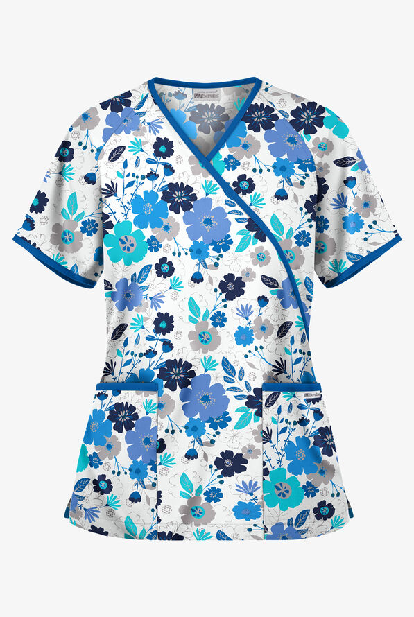 UA Palace Floral White Printed Women's 2-Pocket Mock Wrap Scrub Top