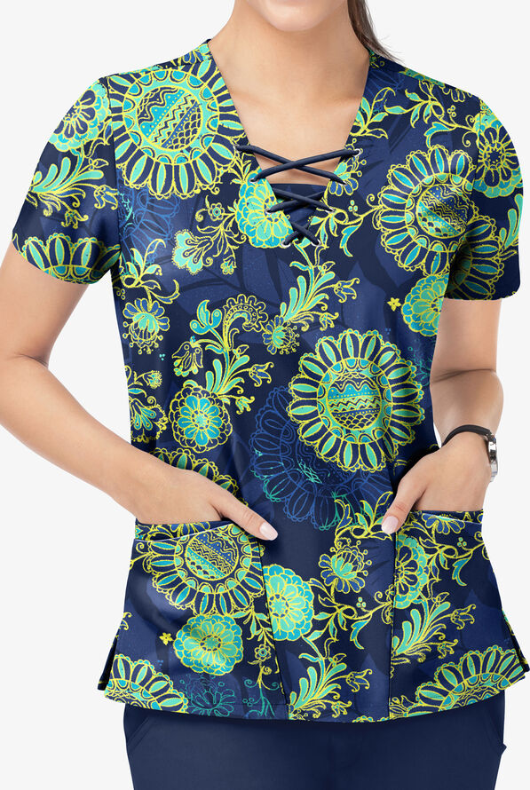 Easy STRETCH Neon Floral Rhodes Blue Print Scrub Top, Fashion Scrubs
