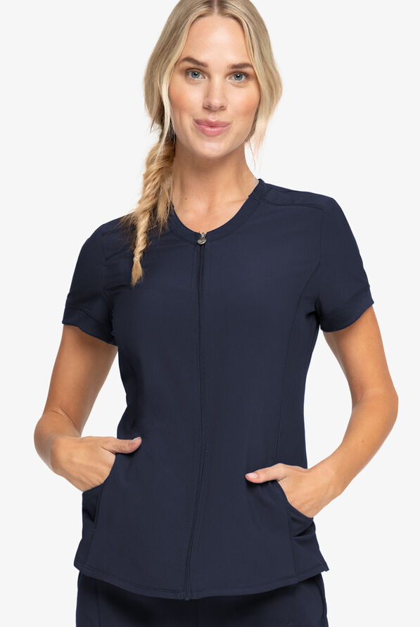 Cherokee Infinity Zip Front Round Neck Scrub Top, Antimicrobial Scrubs
