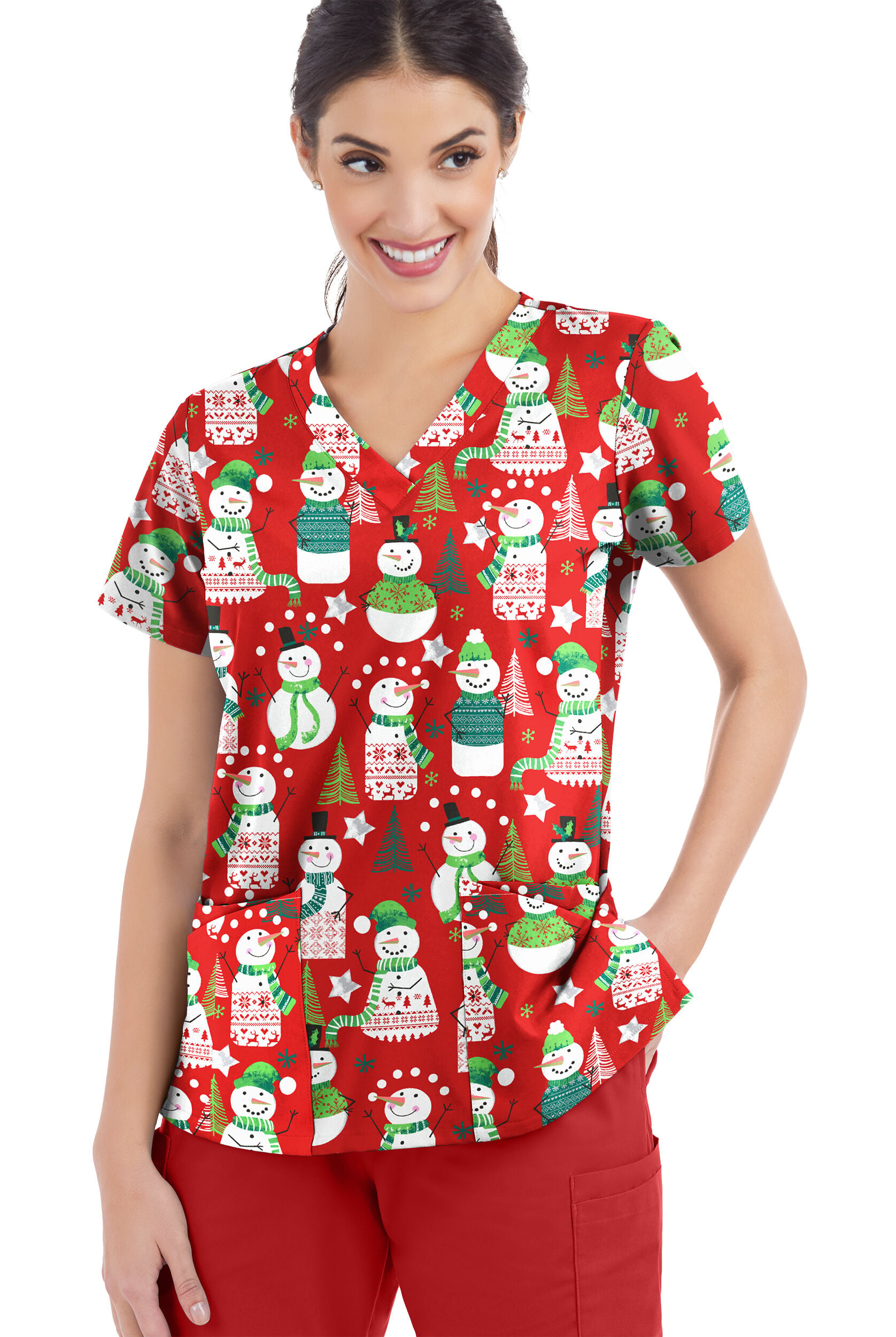UA Butter-Soft Juggling Snowman Red Women's 4-Pocket Rounded V-Neck ...