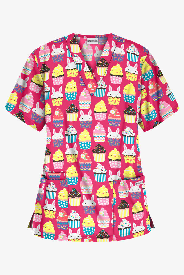 UA Easter Treats Fuchsia Women's 3-Pocket V-Neck Top, Holiday Scrubs