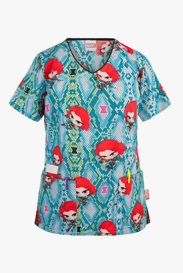Cherokee Tooniforms Marvel AKA Black Widow Scrub Top, Cartoon Scrubs