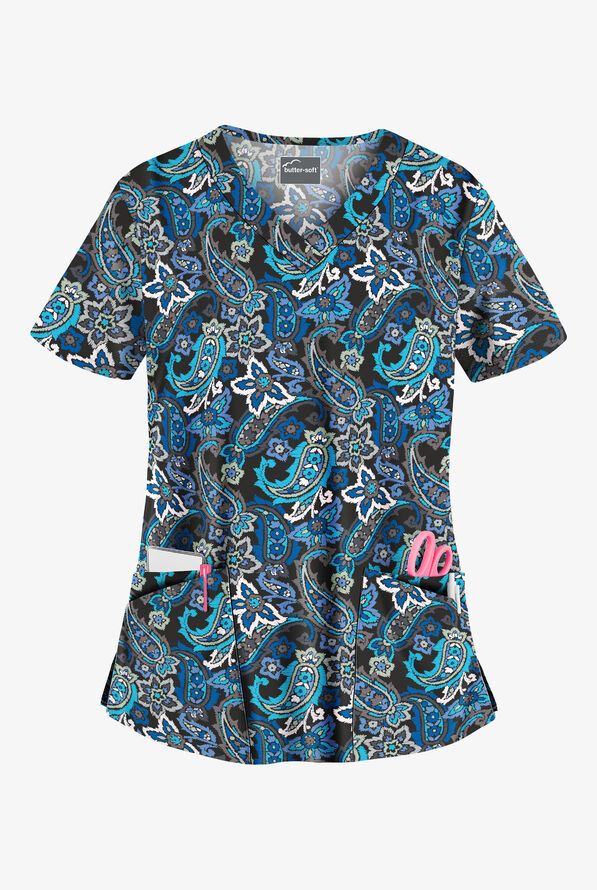 Butter-Soft Pop of Paisley Black Vneck Print Scrub Top, Paisley Scrubs