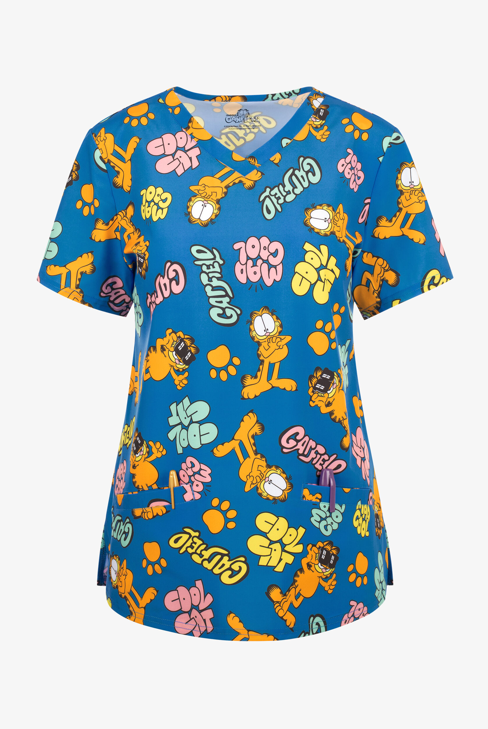 FUNSCRUBS Garfield Cool Women's 2-Pocket STRETCH V-Neck Print Scrub Top ...