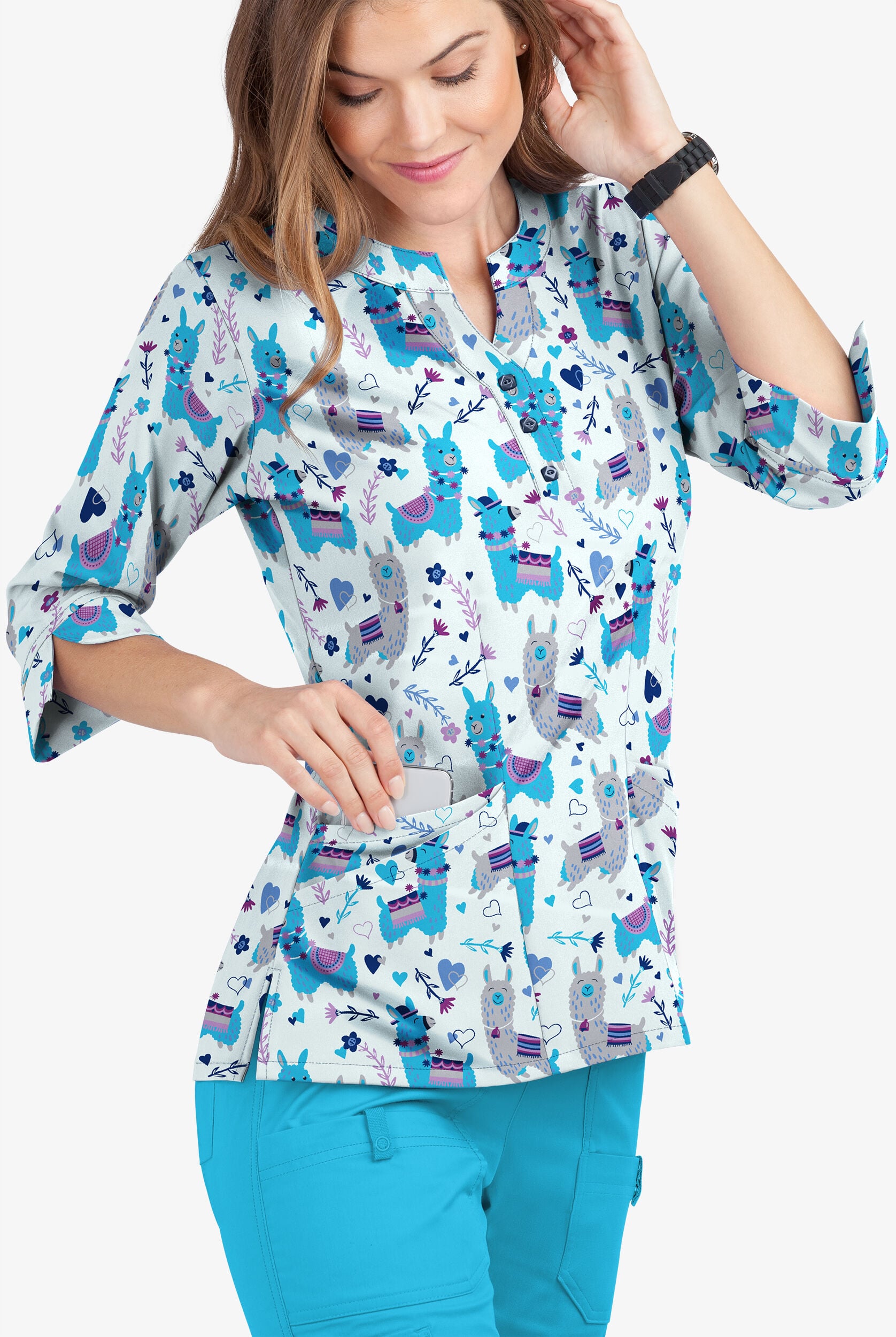 Butter-Soft Llama Party Cloud Blue 3/4 Sleeve Print Scrub Top, Print Scrubs