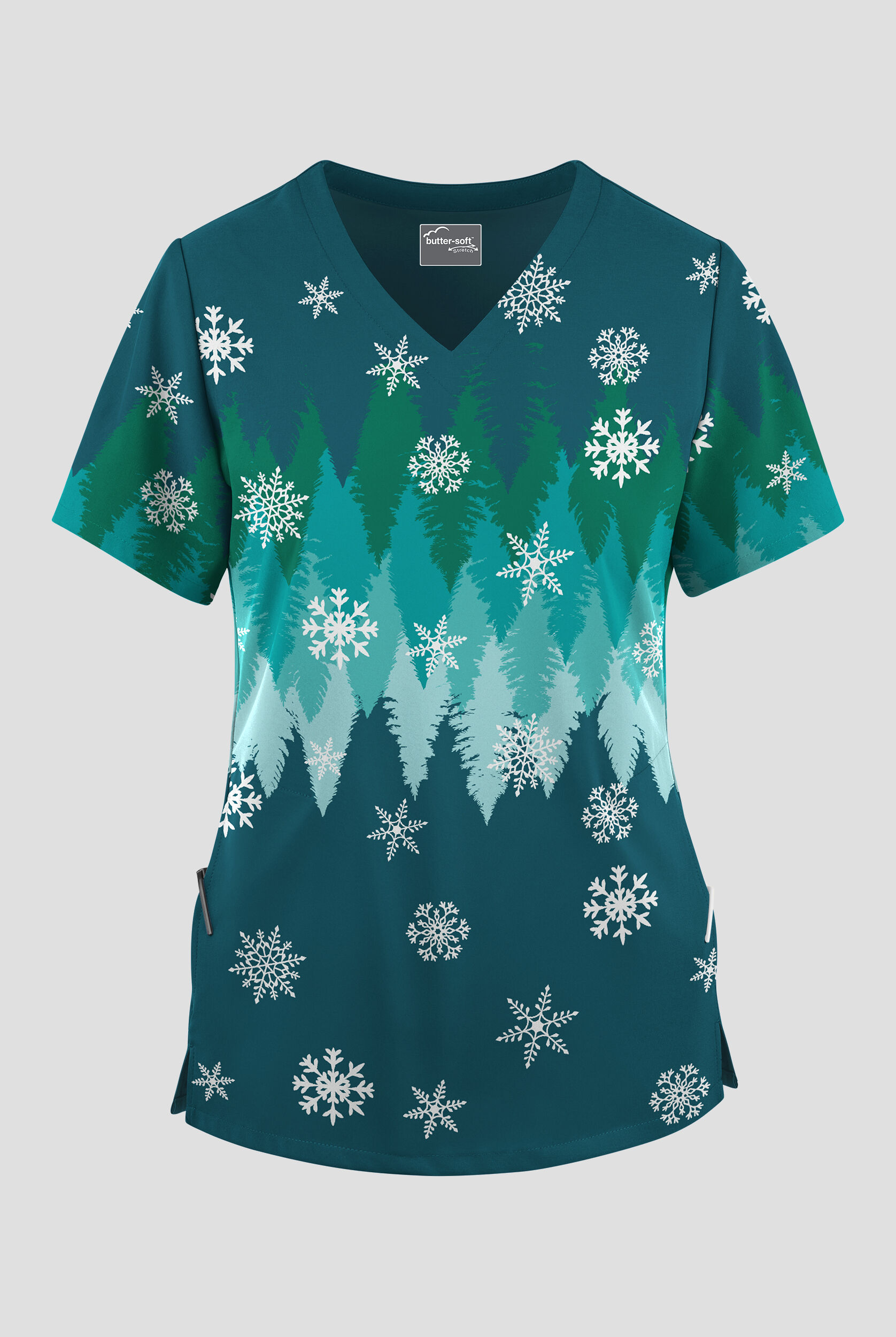 Butter-soft STRETCH Drifting Snowflakes Caribbean Blue Women's 2-Pocket ...