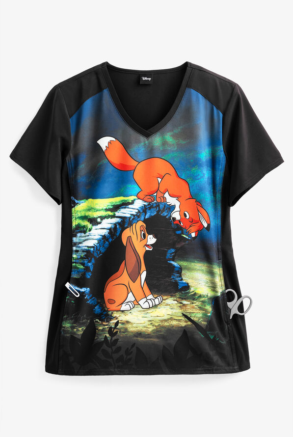 Cherokee Tooniforms Fox & Hound V-Neck Print Scrub Top, Disney Scrubs