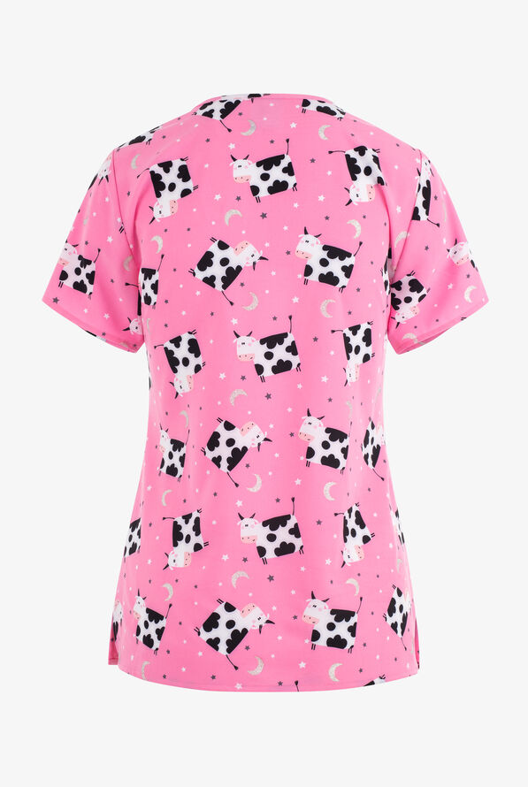 Zoe & Chloe Moon Moo Cow Women's 2-Pocket STRETCH V-Neck Print Scrub ...