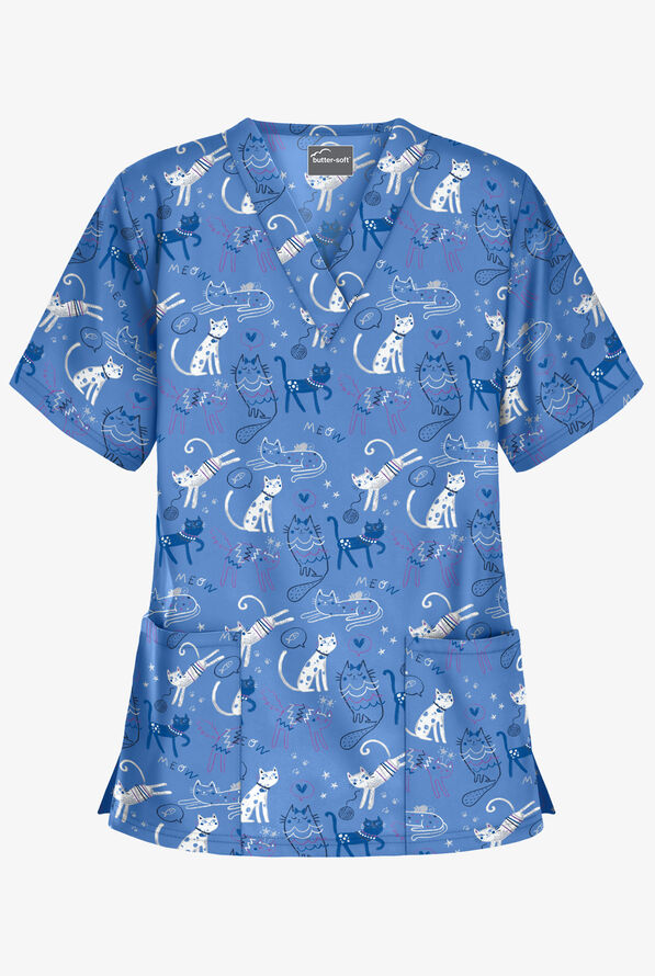 UA Buttersoft Playful Cats Ceil Women's 2-Pocket V-Neck Print Scrub Top ...
