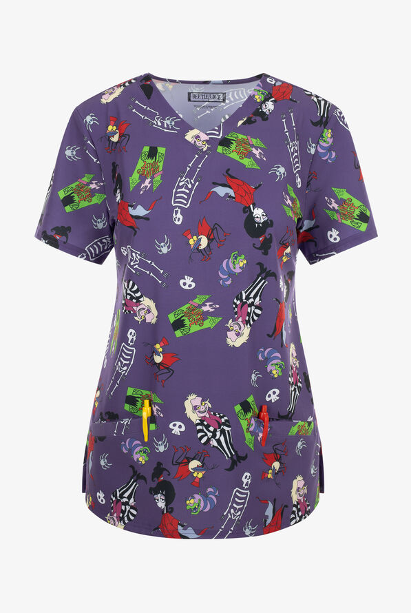 FUNSCRUBS Beetlejuice Hallowen Women's 2-Pocket STRETCH V-Neck Print ...