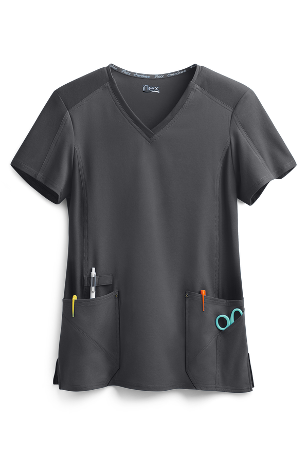 Cherokee IFLEX Rib Knit Side Panels V-Neck Scrub Top, Nursing Tops