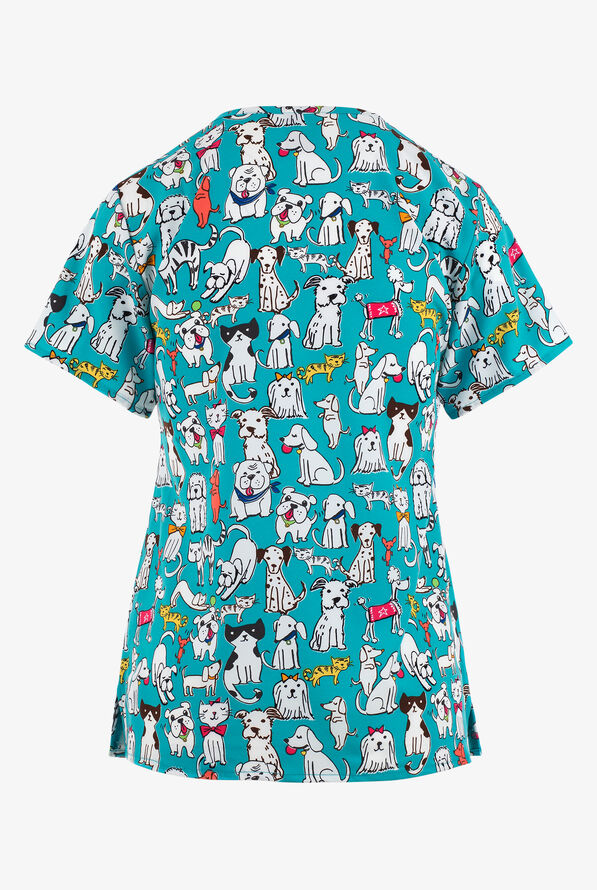Zoe and Chloe Cuddle Huddle 2-Pocket V-Neck Print Top, Veterinary Scrubs