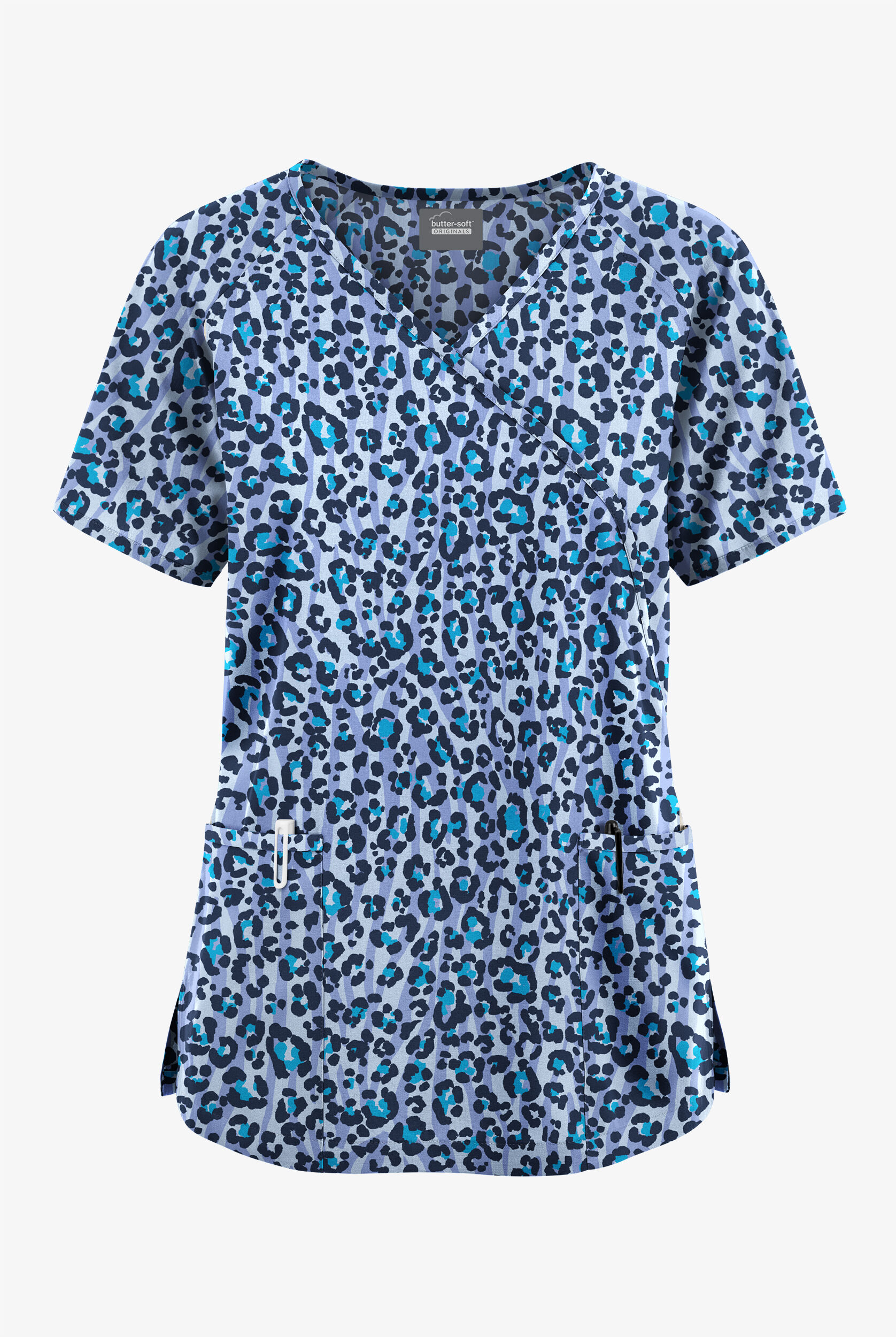 Butter-Soft Jungle Cheetah Ceil Women's 3-Pocket Mock Wrap Print Scrub ...