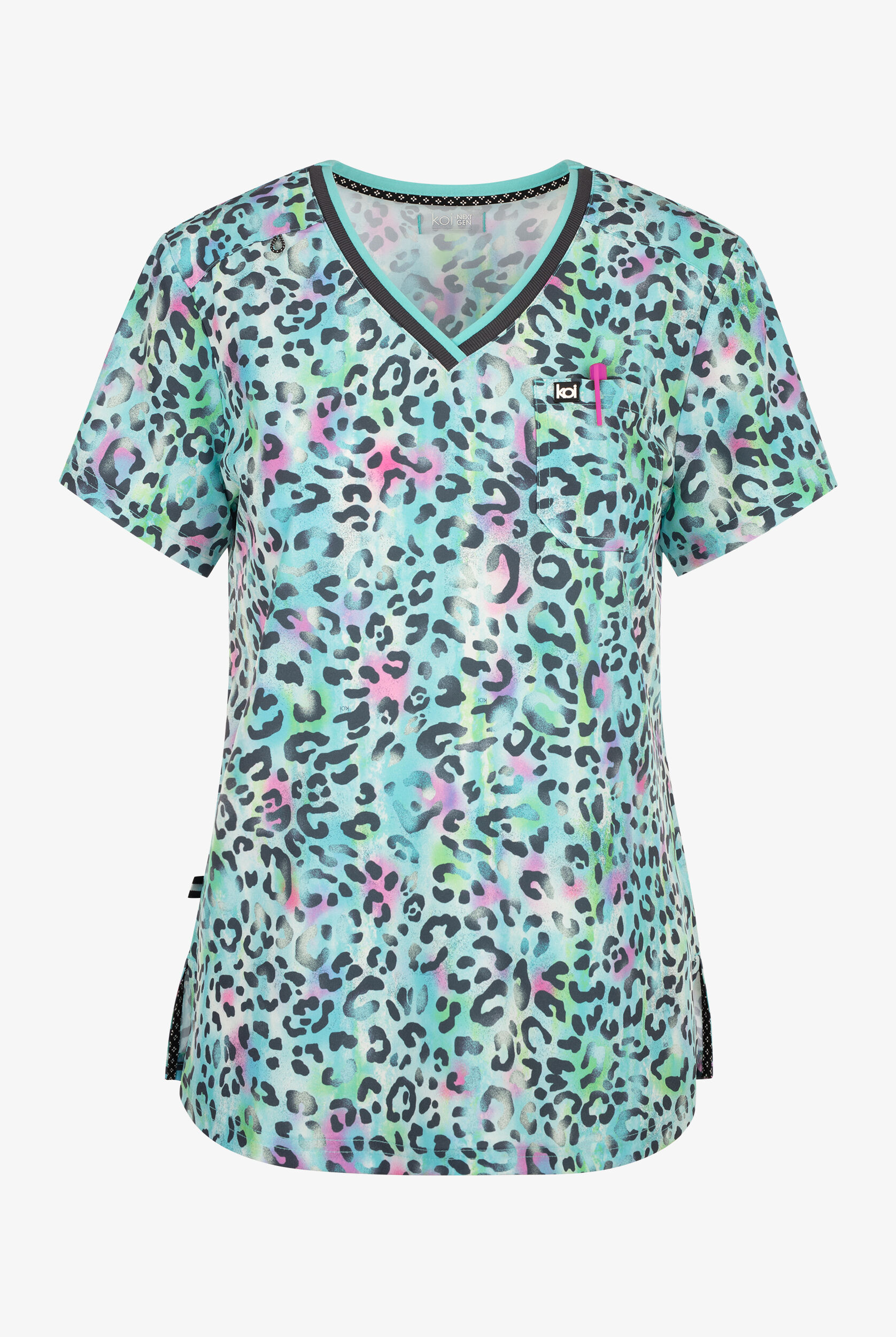 koi Next Gen Rainbow Leopard Women's 1-Pocket STRETCH V-Neck Print ...