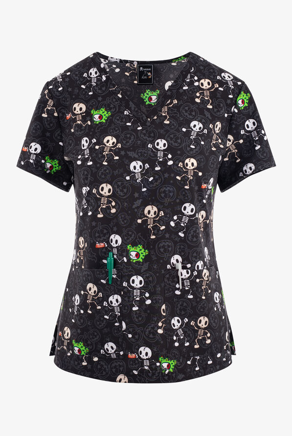 koi tokidoki Boogie Nights Skeletons Women's 2-Pocket STRETCH V-Neck ...