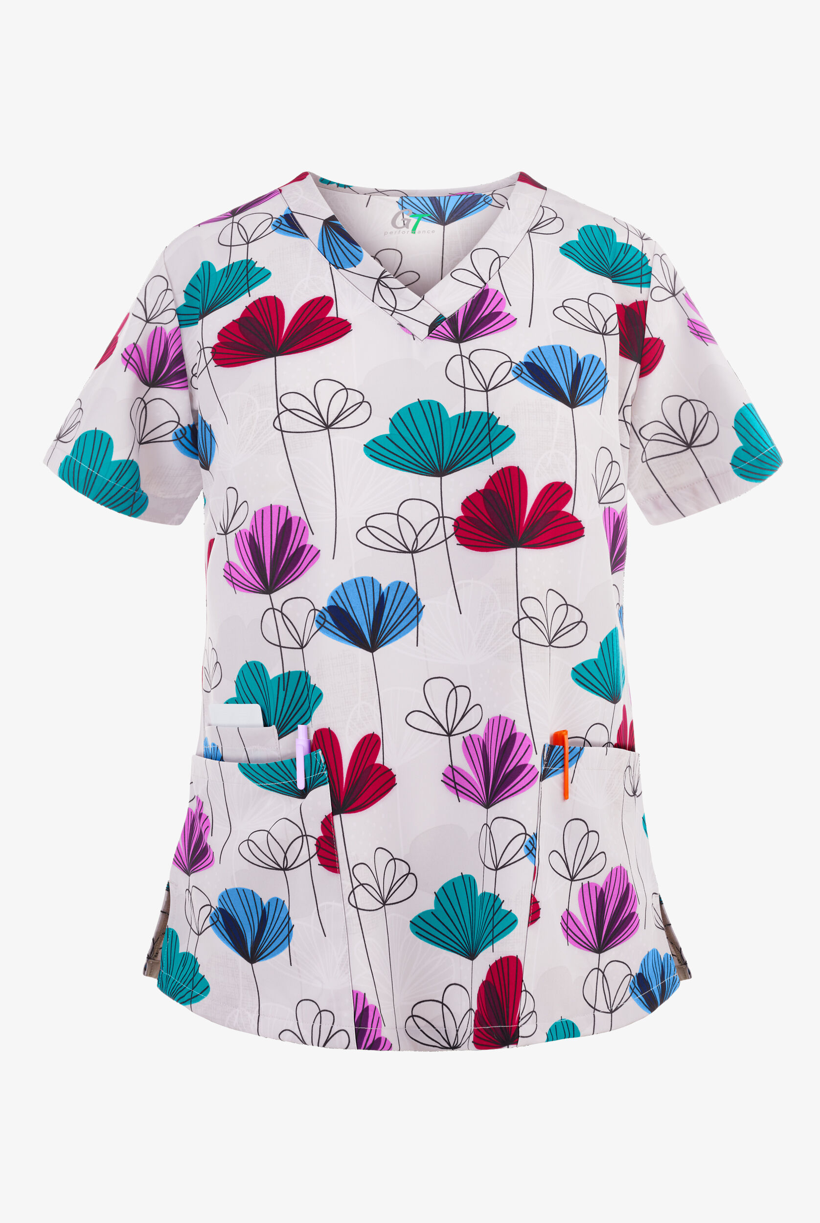 Green Town Floating Lotus V-Neck Print Scrub Top, Print Scrubs