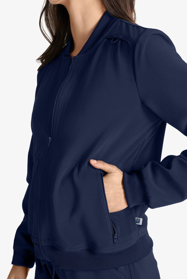 Cherokee Women's 2-Pocket STRETCH Rib-Knit Collar Zip Front Bomber ...