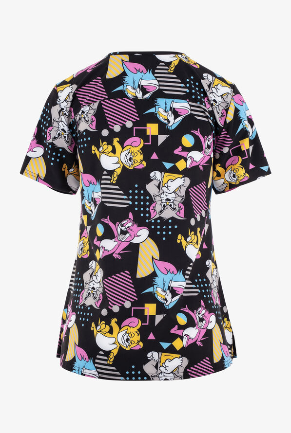Tom And Jerry Women's 2-Pocket STRETCH V-Neck Print Scrub Top, Print Scrubs