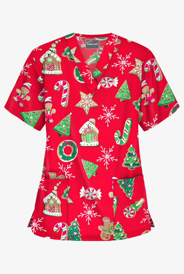 UA Butter-Soft Santa's Cookies Red Women's 3-Pocket V-Neck Print Scrub ...