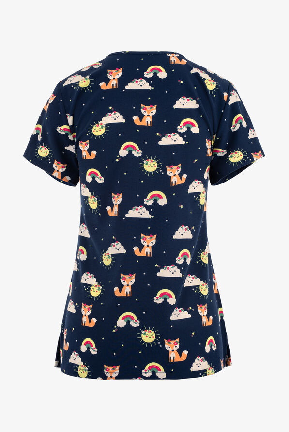 Tasha and Me Rainbow Dream Fox Women's 2-Pocket STRETCH V-Neck Print ...
