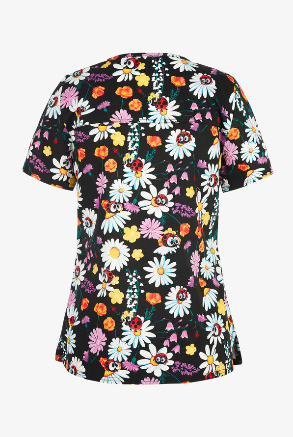 Cherokee Ladybug Garden Women's 2-Pocket STRETCH V-Neck Print Scrub Top ...