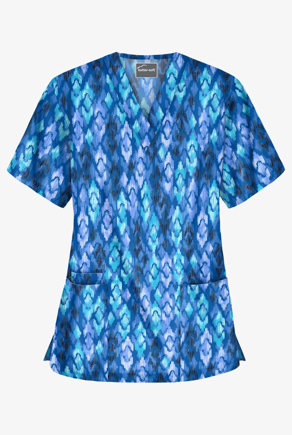 UA Butter-Soft Royal Ikat Royal Women's 3-Pocket V-Neck Print Scrub Top ...